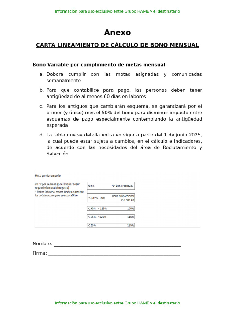 Lineamientos para Cálculo de Bono Mensual | PDF