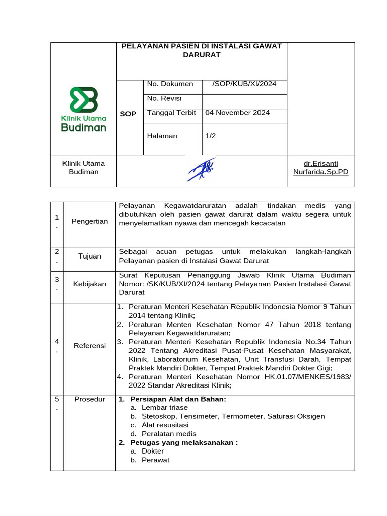 SOP Pelayanan IGD di Klinik Utama | PDF