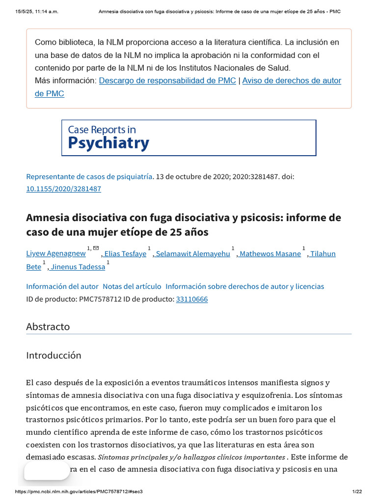 Amnesia Disociativa Con Fuga Disociativa y Psicosis - Informe de Caso de Una Mujer Etíope de 25 ...