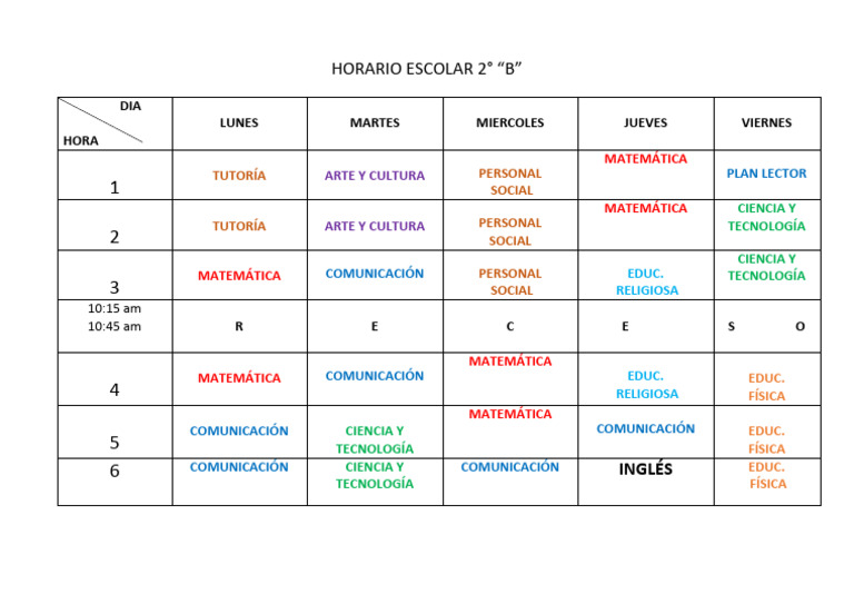 Horario Escolar 2° B | PDF