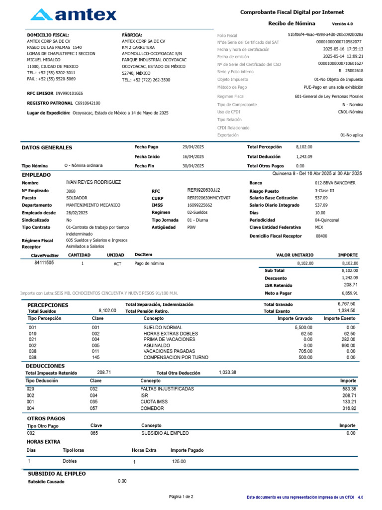 Tipo Percepción Clave Concepto Importe Gravado Importe Exento | PDF ...