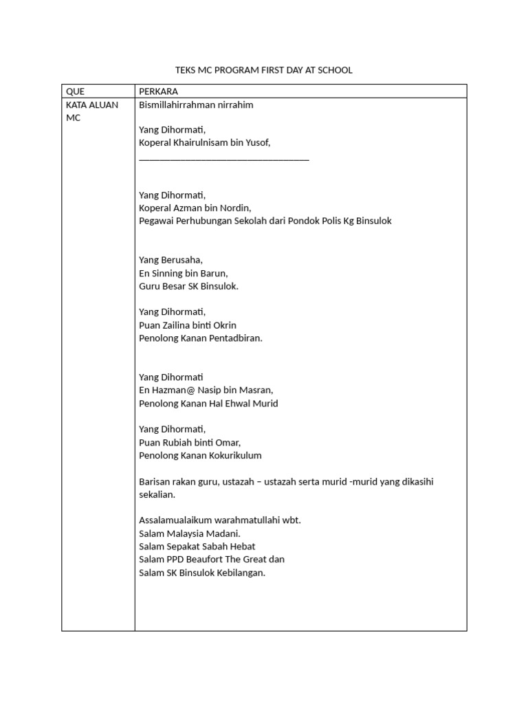 MC Program Hari Pertama Sekolah | PDF