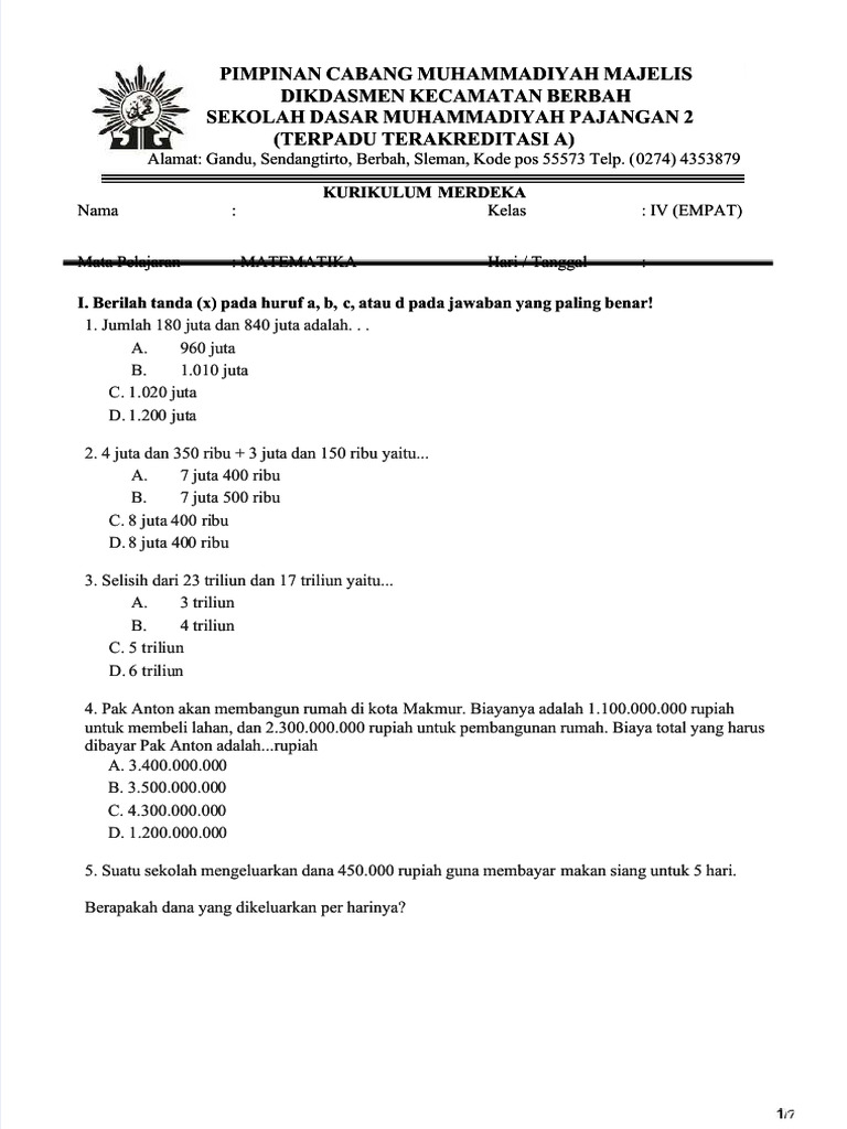 PDF Soal Sumatif Pas MTK Kelas IV Semester 1 Merdeka Compress | PDF