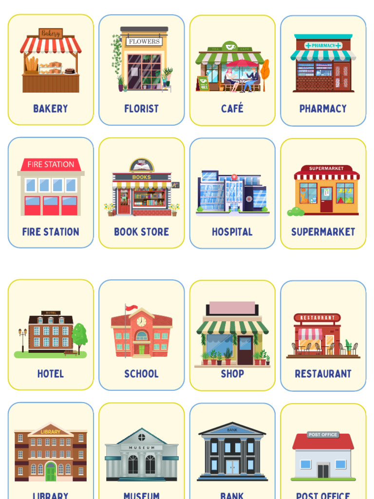 Places in A Town English Flashcards in Illustrative Colorful Style ...