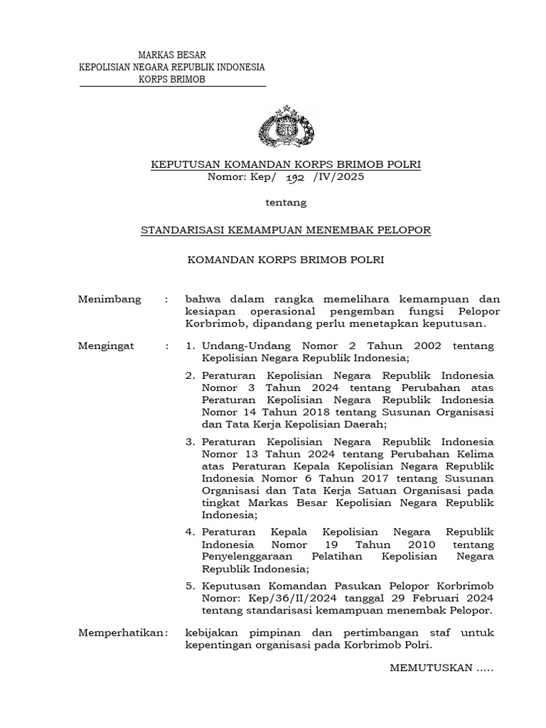 Full Kep Standarisasi Menembak Pelopor PDF - TTD | PDF