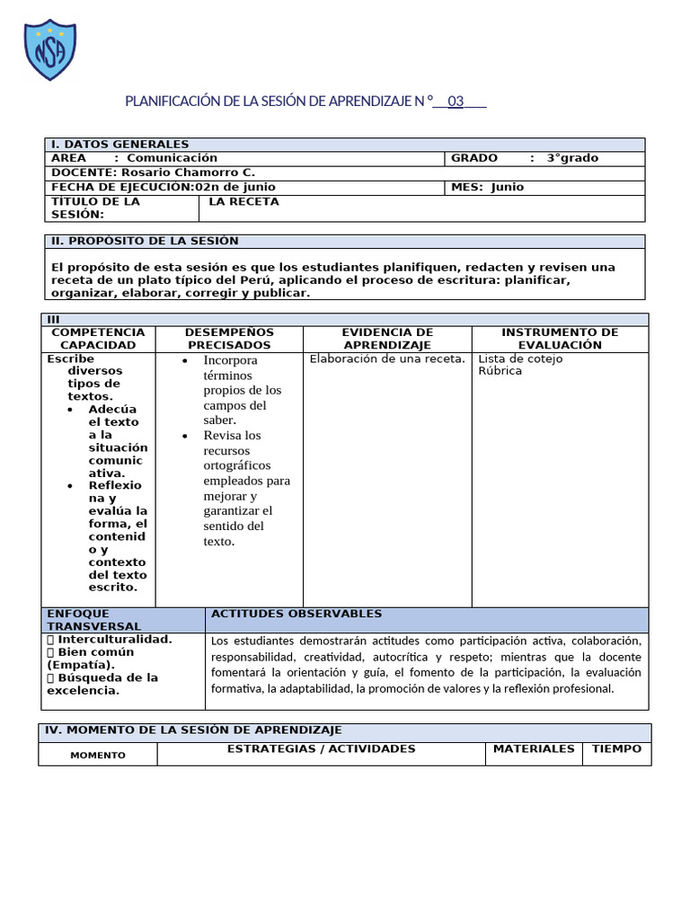 Planificación de Recetas para 3° Grado | PDF | Evaluación | Aprendizaje