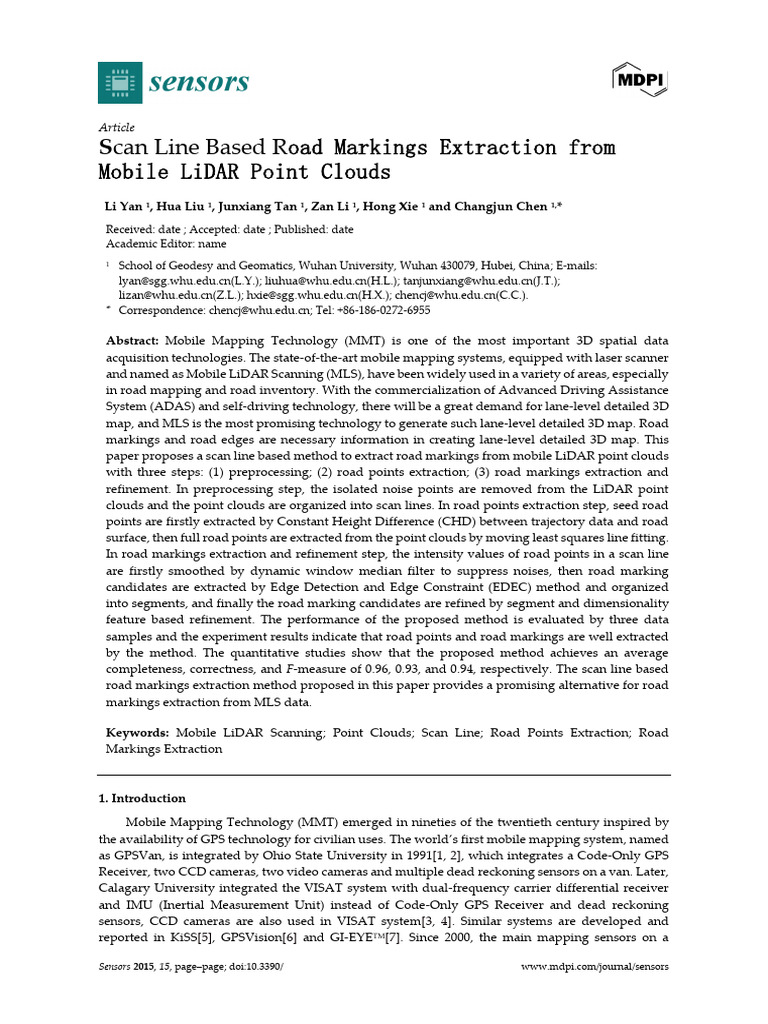 Scan Line Based Road Markings Extraction From Mobile LiDAR Point Clouds ...