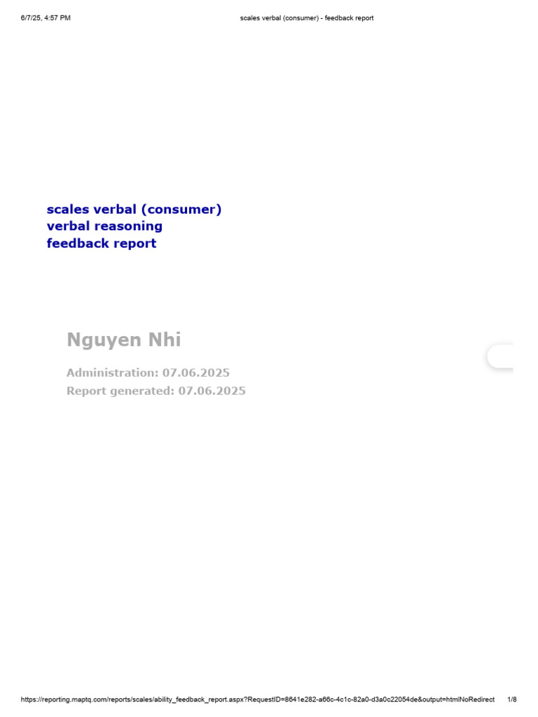 Scales VERBAL REASONING (Consumer) - Feedback Report | PDF | Accuracy ...