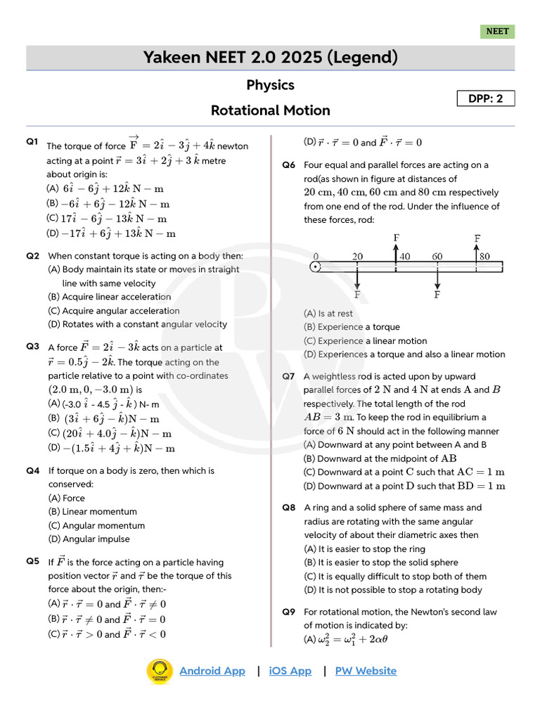 Rotational Motion DPP 02of Lec 05 Yakeen NEET 2-0-2025 Legend | PDF ...