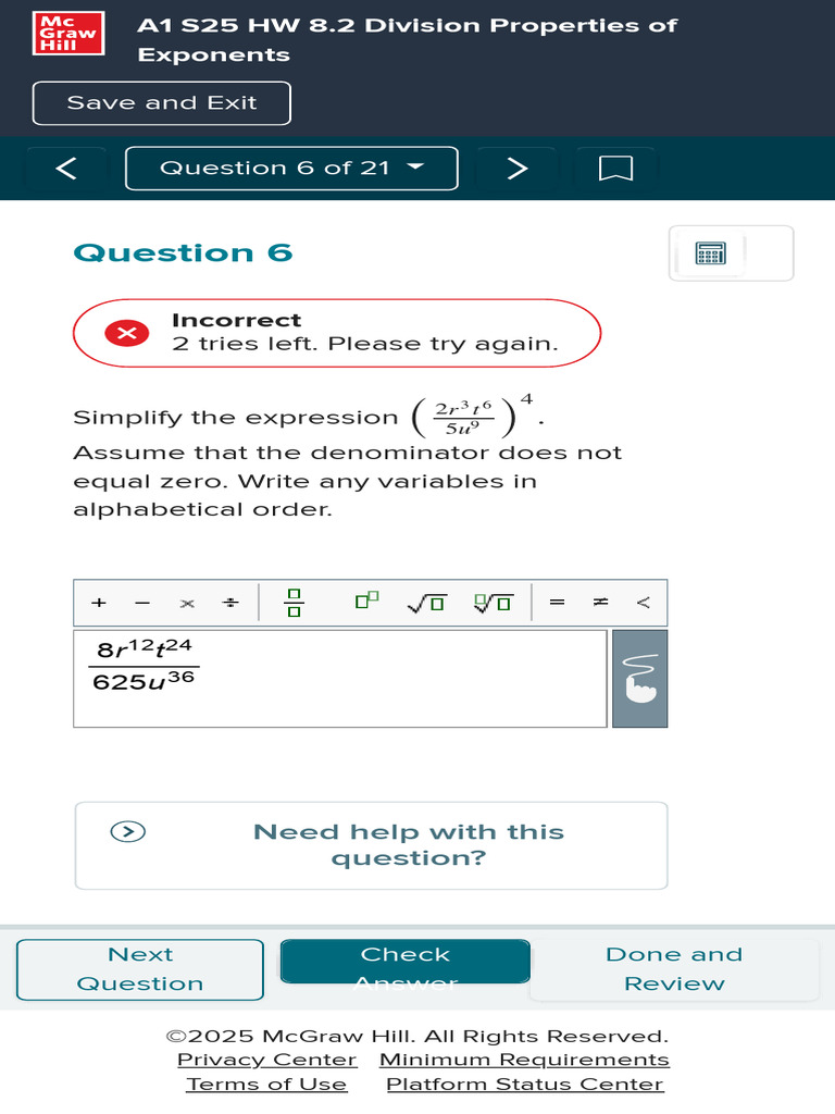Question 6 - A1 S25 HW 8.2 Division Properties of Exponents | PDF