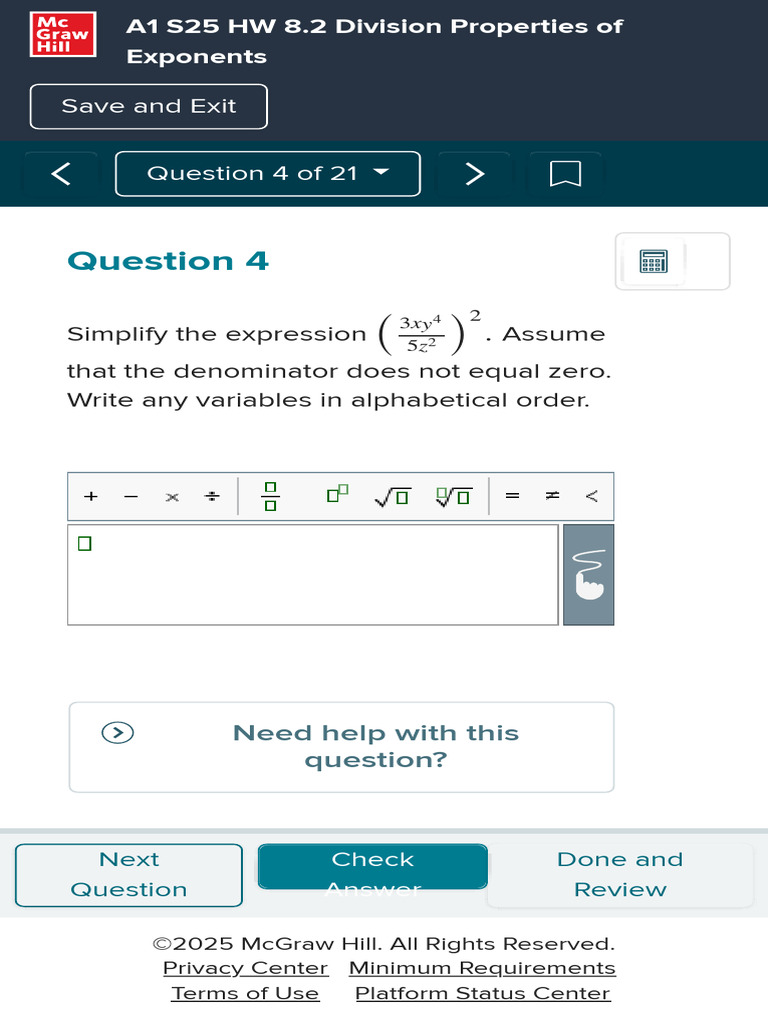 Question 4 - A1 S25 HW 8.2 Division Properties of Exponents | PDF
