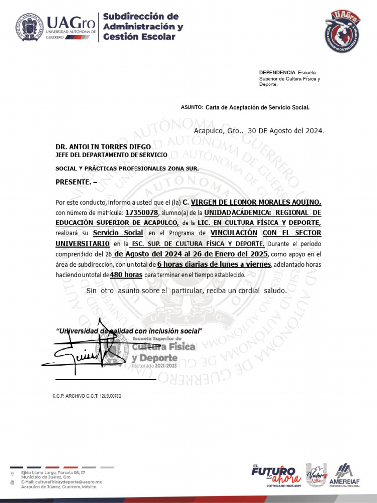 Hoja de Aceptacion Servicio Mune Leonor | PDF