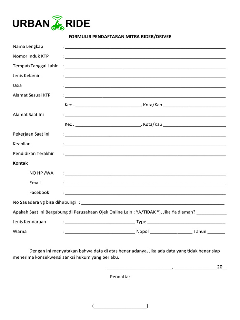Form Pendaftaran Mitra Driver | PDF