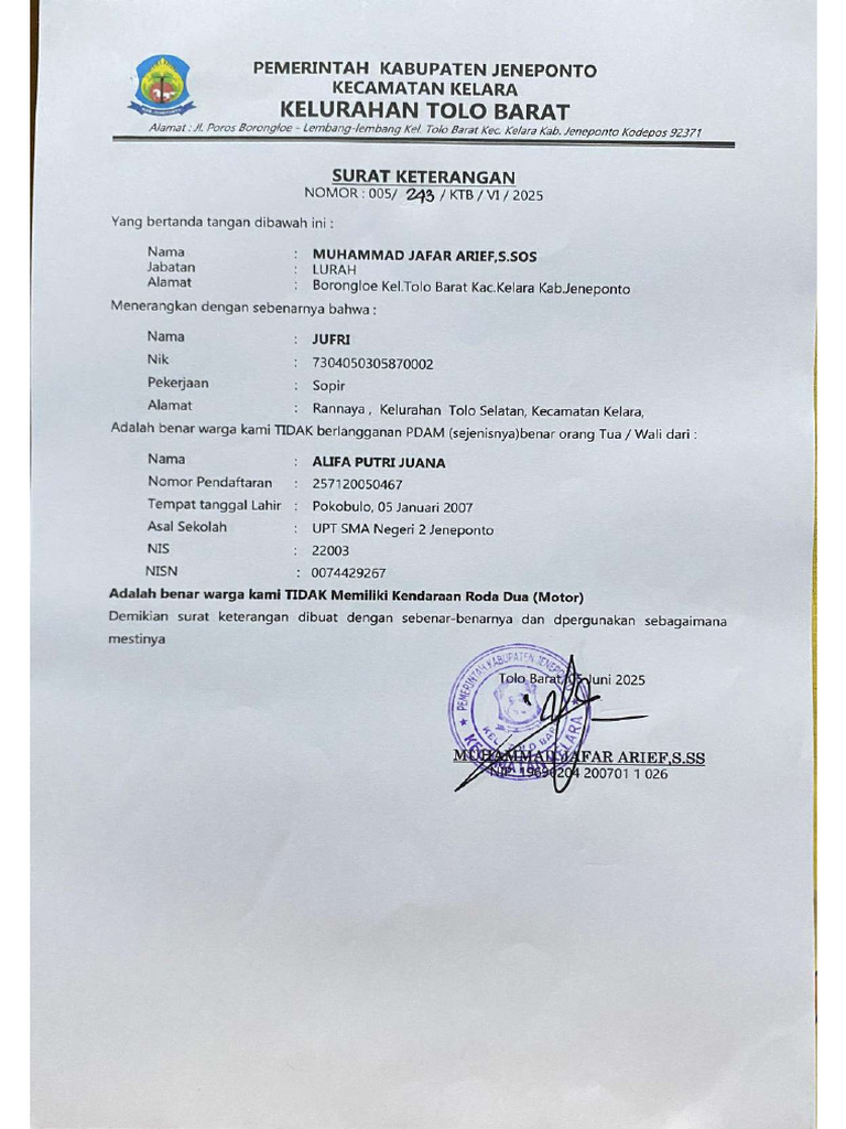 Suket TDK Memiliki Kendaraan Roda 2 | PDF