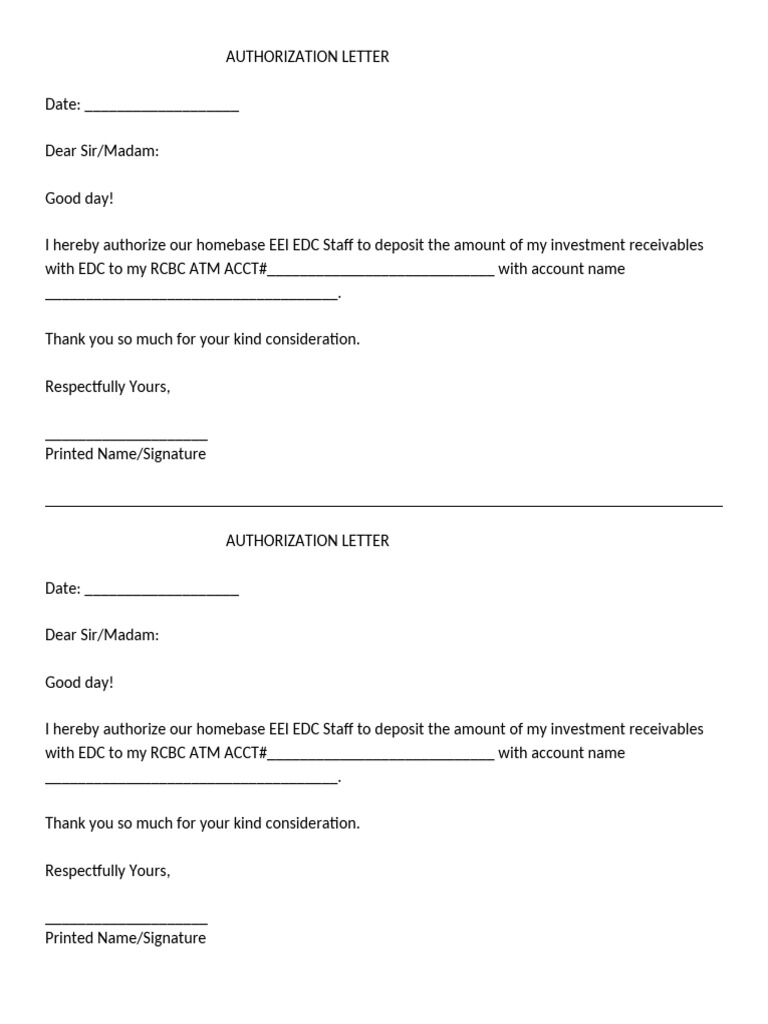 Authorization Letter For Check Deposit | PDF