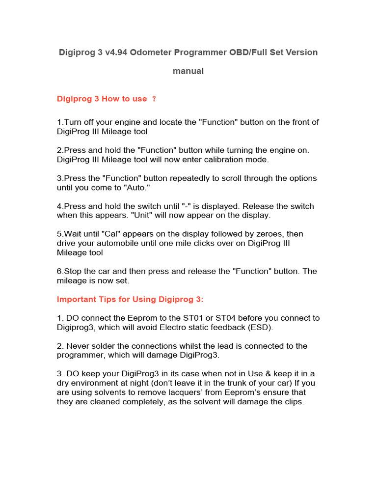 Digiprog 3 v4.94 Odometer Programmer OBDFull Set VersionManual | PDF ...