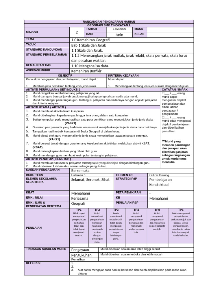 RPH Minggu 2 Geografi SMK Tingkatan 2 2025 by Cikgu Gorgeous | PDF