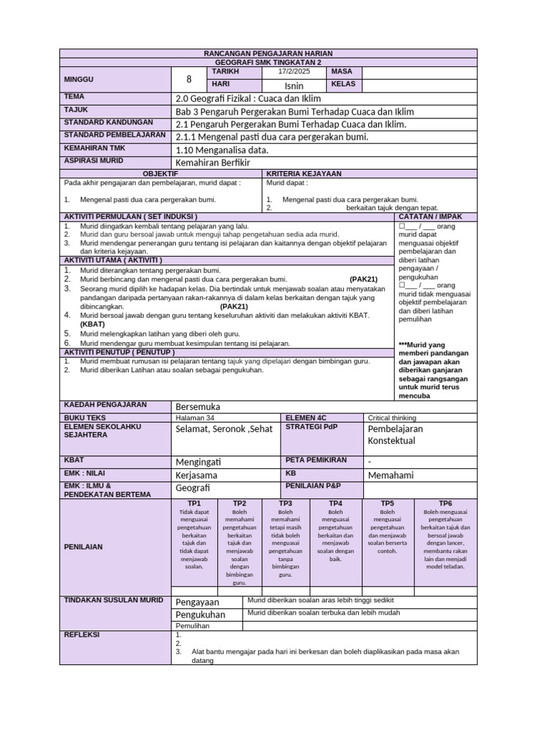 RPH Minggu 8 Geografi SMK Tingkatan 2 2025 by Cikgu Gorgeous | PDF