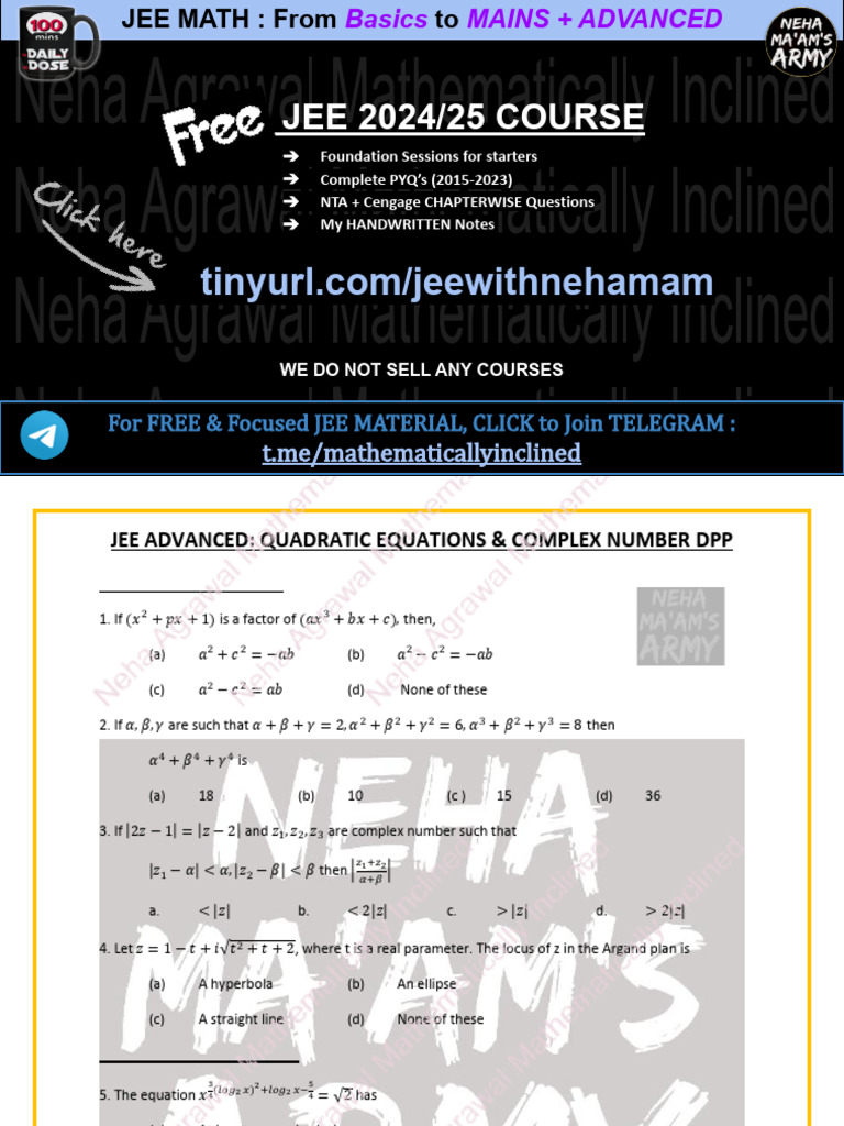 DPP Questions JEE ADVANCED Quadratic & Complex | PDF | Pi | Complex Number