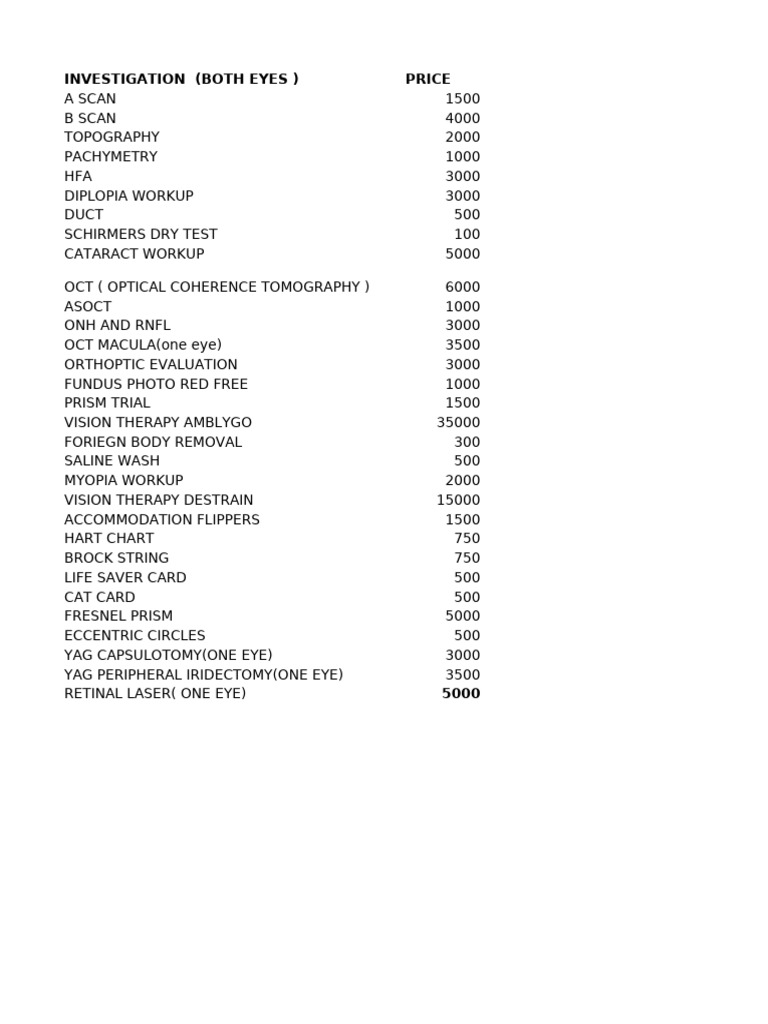 Investigations - Price List (Keshava Eye Care) | PDF