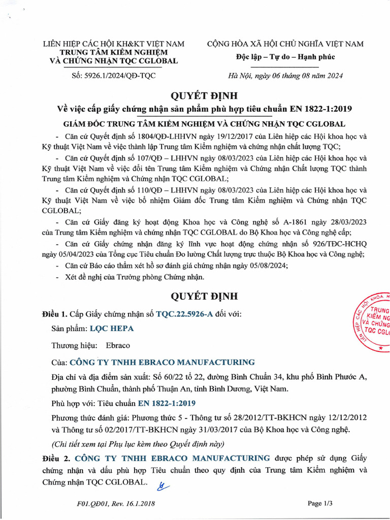 Chứng Nhận Hợp Chuẩn 5926A - EBRACO - en 1822 | PDF