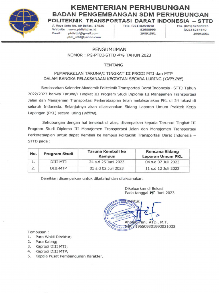 Pengumumam Pemanggilan Taruna Tingkat III MTJ Dan Mtp-1 | PDF