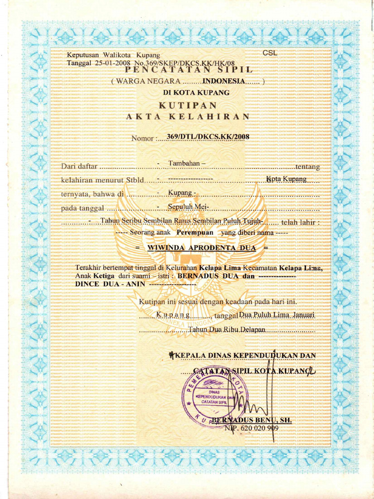 Akta Lahir - Wiwinda Aprodenta Dua | PDF
