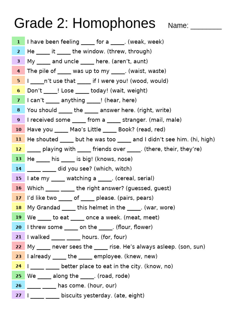 Grade 2 - Homophones Worksheet | PDF