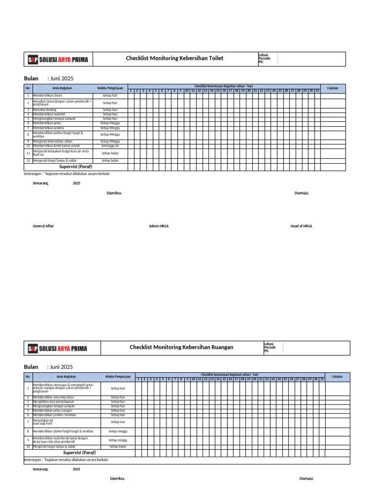 Checklist Kebersihan Toilet dan Ruangan | PDF