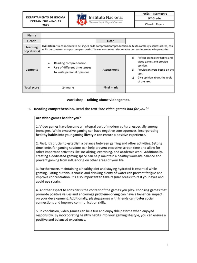 Reading Comprehension - 9th Grade IN | PDF | Psychology | Behavioural ...