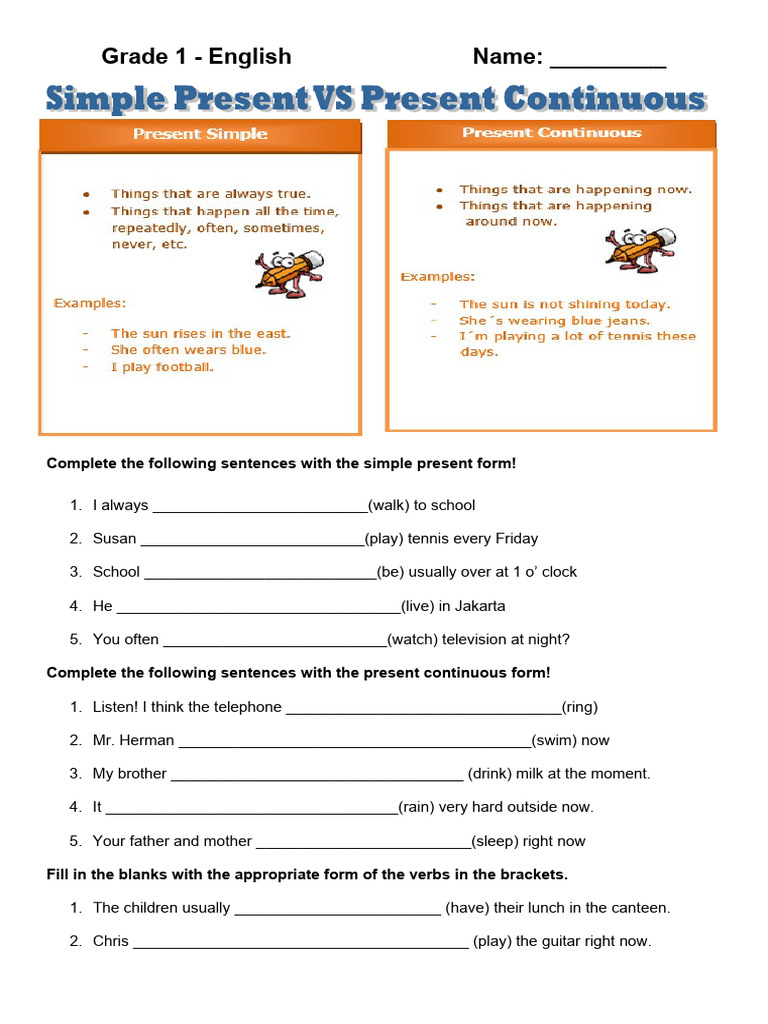 Grade 1 Present Simple Vs Present Continuous 2 | PDF