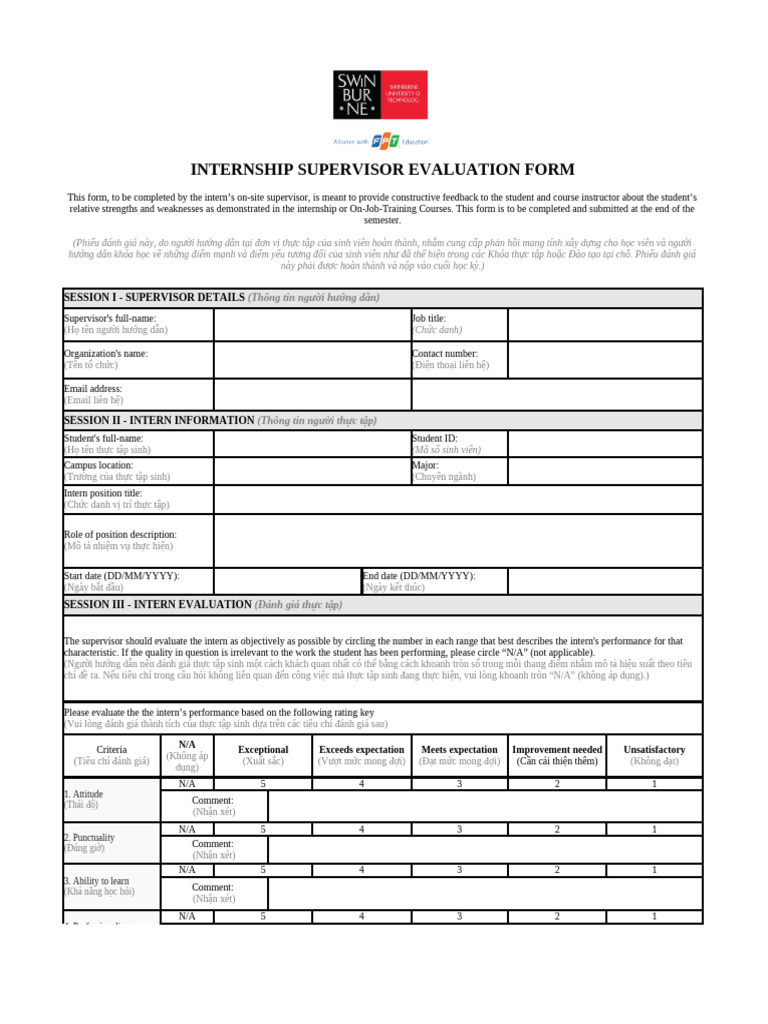 Internship Supervisor Evaluation Form | PDF