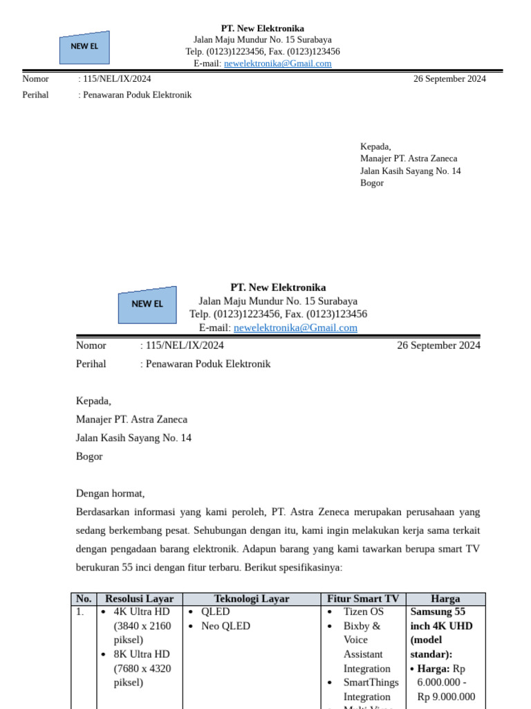 Surat Penawaran TV 55 Inci | PDF