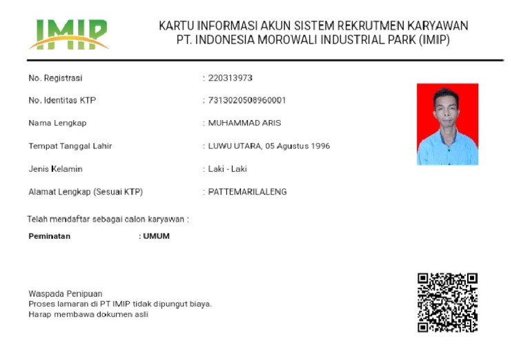 Kartu Rekrutmen PT - Imip | PDF