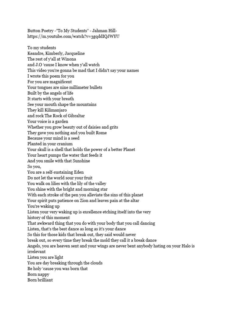 Inspiring Poem for Students by Jahman Hill | PDF