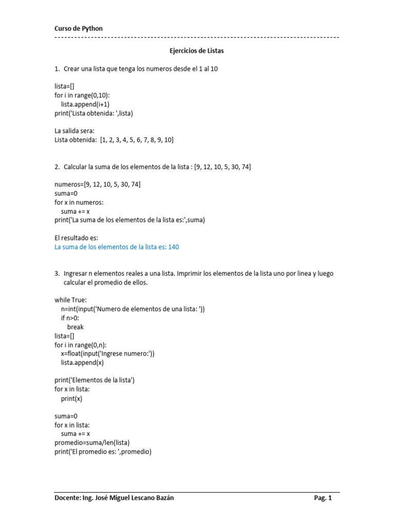 Curso de Python - Ejercicios de Listas | PDF | Matriz (Matemáticas) | Python (lenguaje de ...