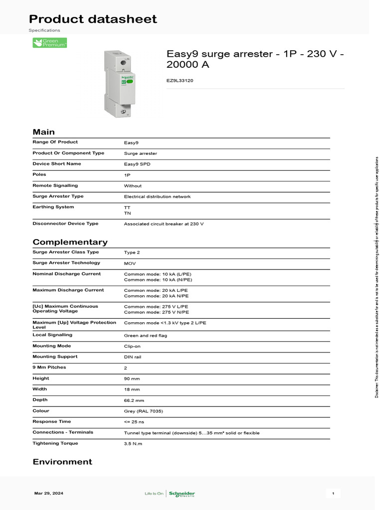 Easy9 Surge Arrester Specifications | PDF | Electricity | Power (Physics)