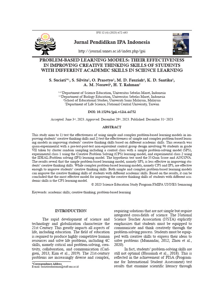 Jpii A - 2023 - PBL Models - Their Effectiveness in Improving Creative Thinking Skills .. | PDF ...