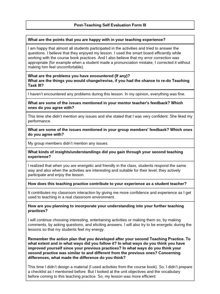 Post-Teaching Self Evaluation Insights | PDF | Teachers | Experience