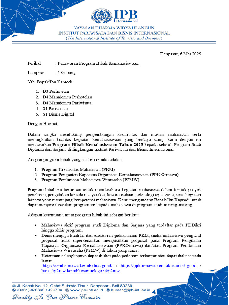 Surat Penawaran Program Hibah Kemahasiswaan - 2025 | PDF
