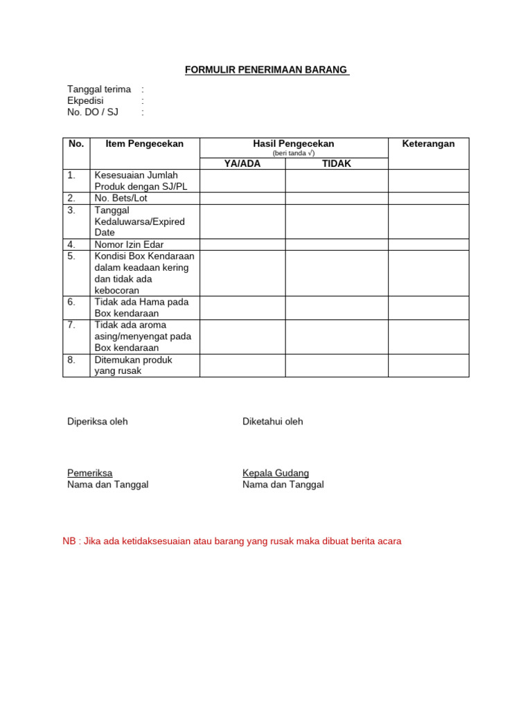 Checklist Penerimaan Barang dan Pengecekan | PDF