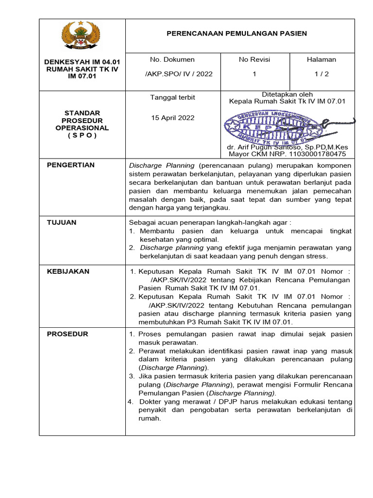 Perencanaan Pemulangan Pasien RS TK IV | PDF