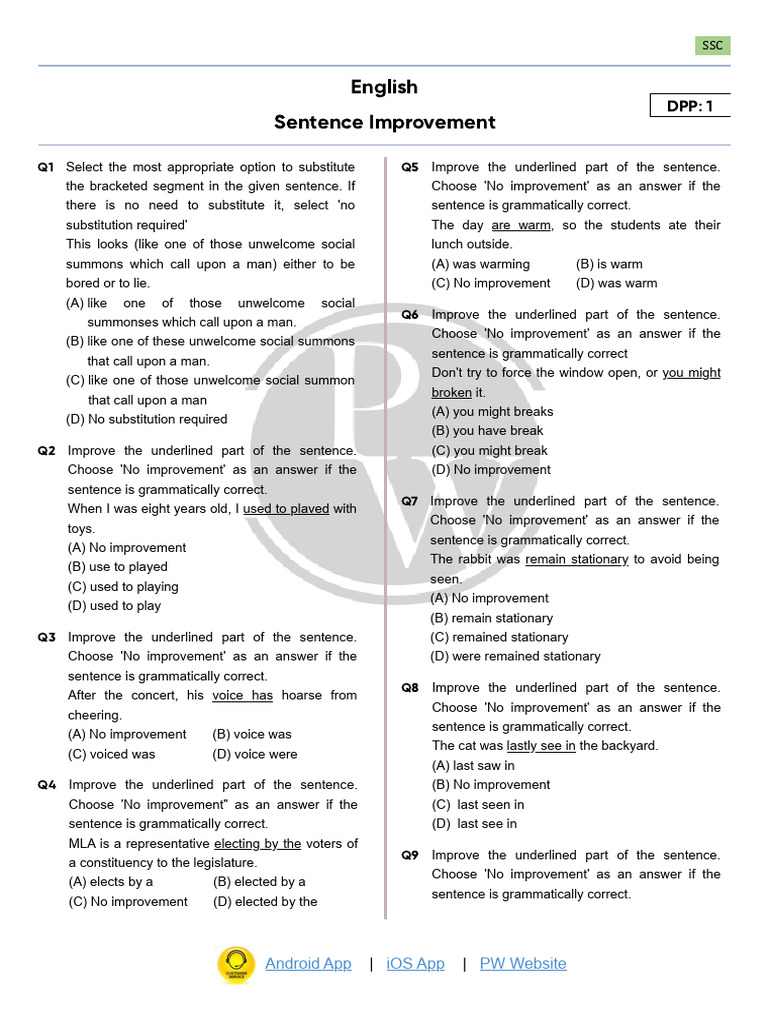 658e6acc4f8934001963c01d - ## - Sentence Improvement - DPP 01 (English) | PDF | Verb | Syntactic ...
