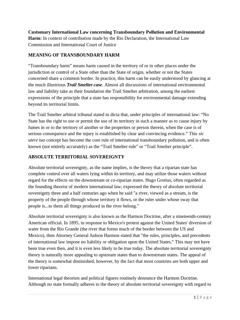 Customary International Law Concerning Transboundary Pollution and ...