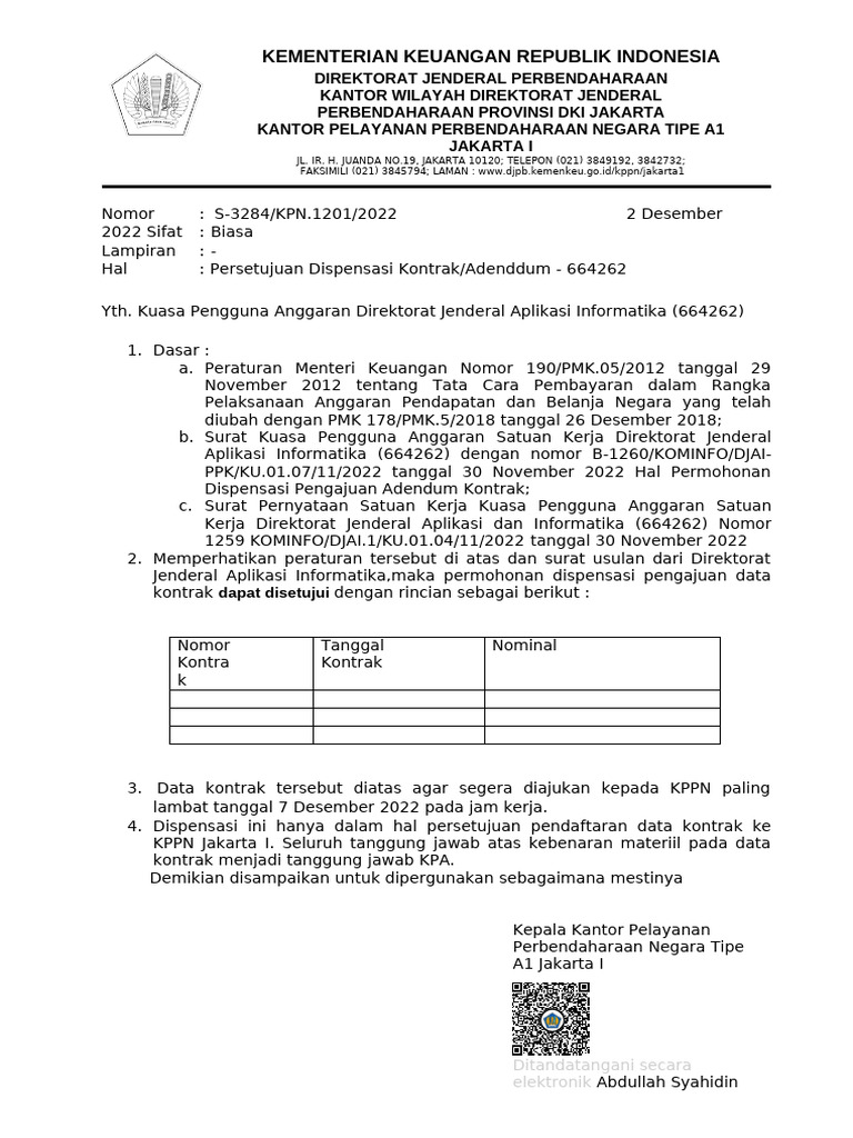 Format Dispensasi Kontrak - Addendum | PDF