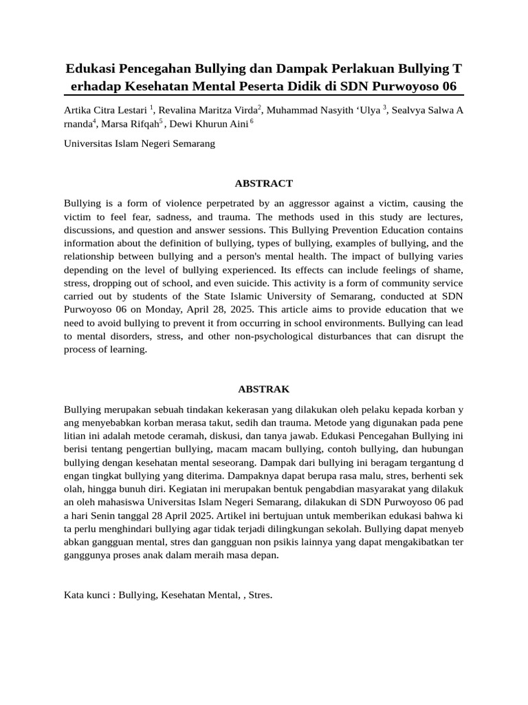 Jurnal Edukasi Pencegahan Bullying Dan Dampak Perlakuan Bullying Terhadap Kesehatan Mental Di ...