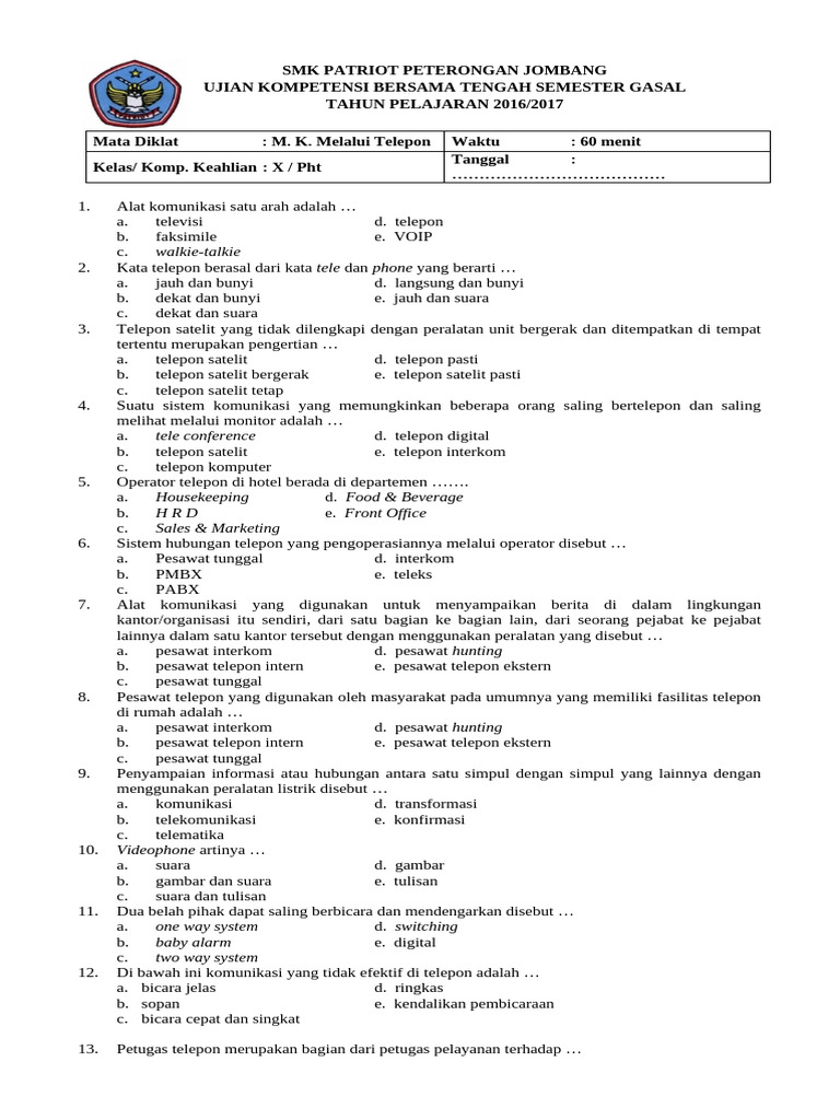 Soal Uts Ganjil Telepon PHT X | PDF