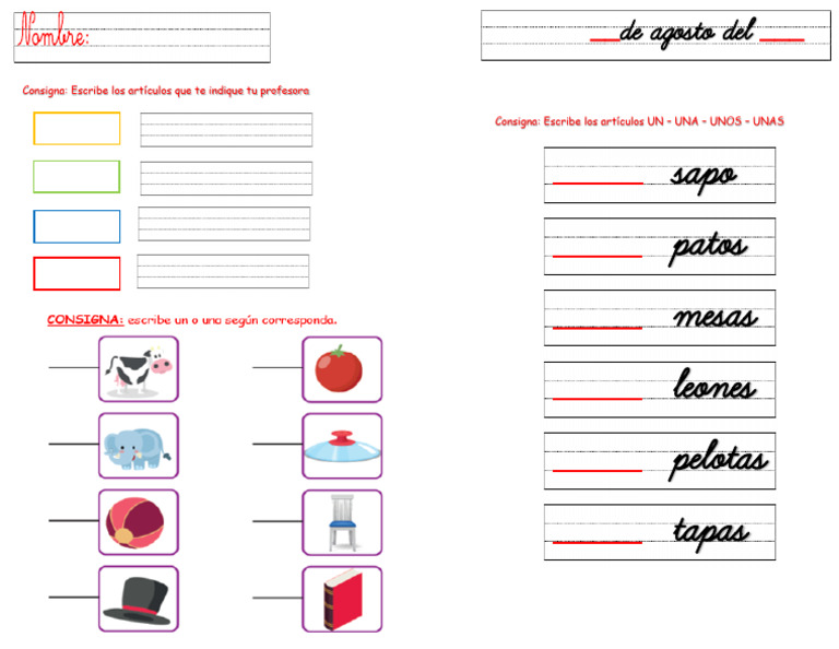 Hoja de Aplicación - Los Artículos UN - UNA - UNOS - UNAS | PDF