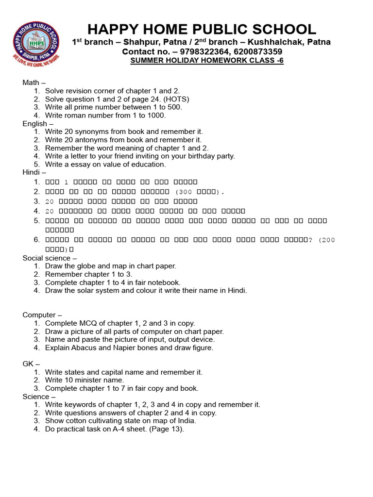 Class 6 Summer Holiday Homework | PDF