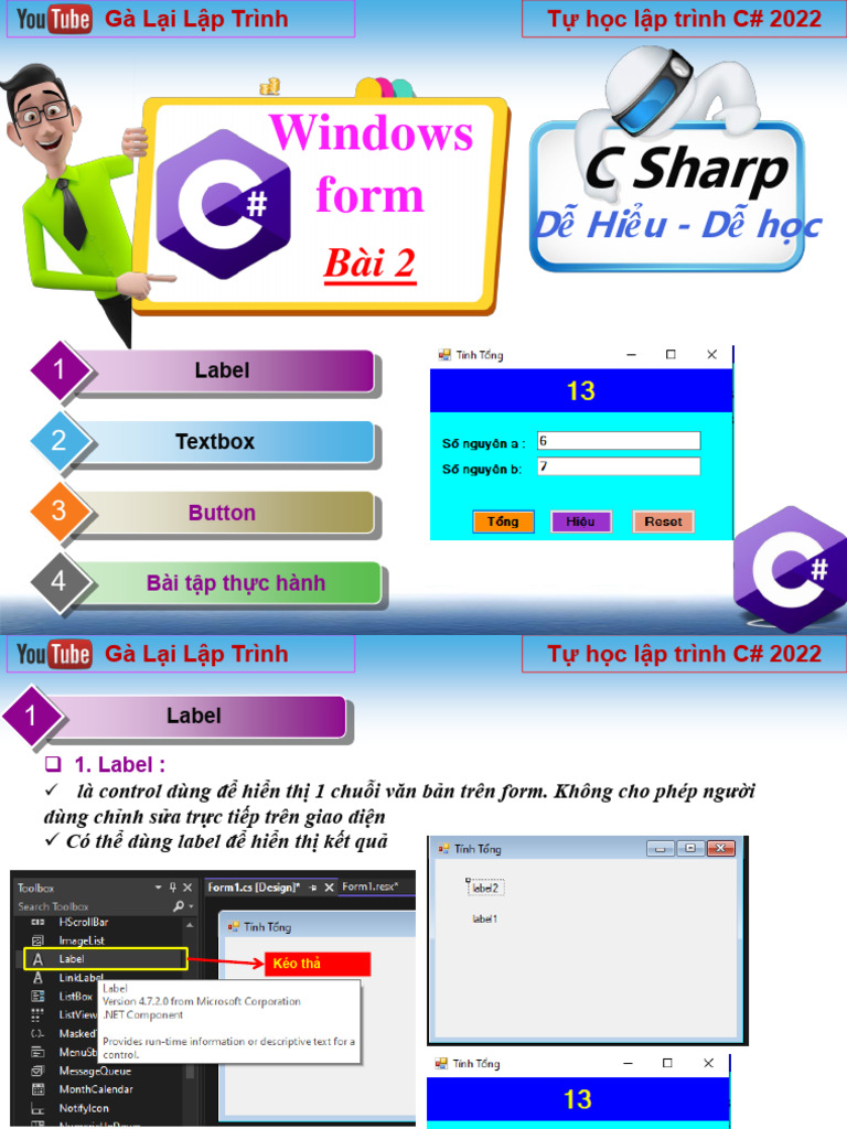 (Winform C# 2022) Label, Textbox, Button - Winforms C# 2022 Step by Step For Beginners | PDF